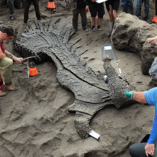 archeologists finding a huge Godzilla fossilized | Stable Diffusion