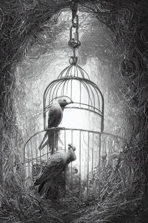Man locked in a bird cage, 4k detailed hyperrealistic | Stable Diffusion