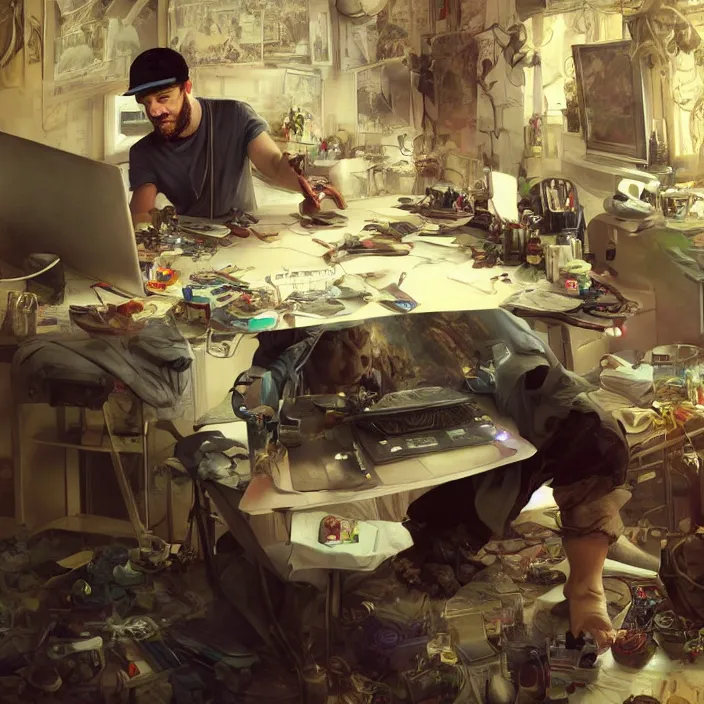 a computer graphics artist with a ballcap in a messy | Stable Diffusion ...