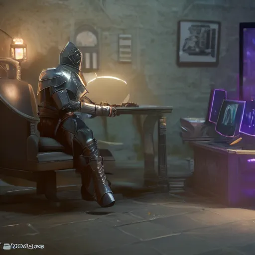 a middle age knight sitting in front of a pc playing | Stable Diffusion ...