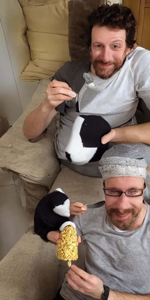 a man eating cereal out of a sock that is made from, | Stable Diffusion ...