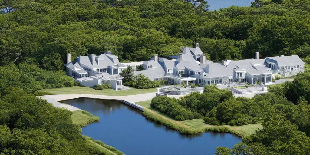 grey wooden cape cod hamptons mansion next to body of | Stable Diffusion