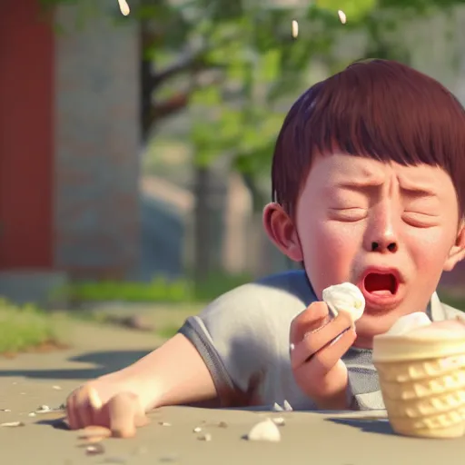 little boy crying about a dropped icecream, unreal | Stable Diffusion ...