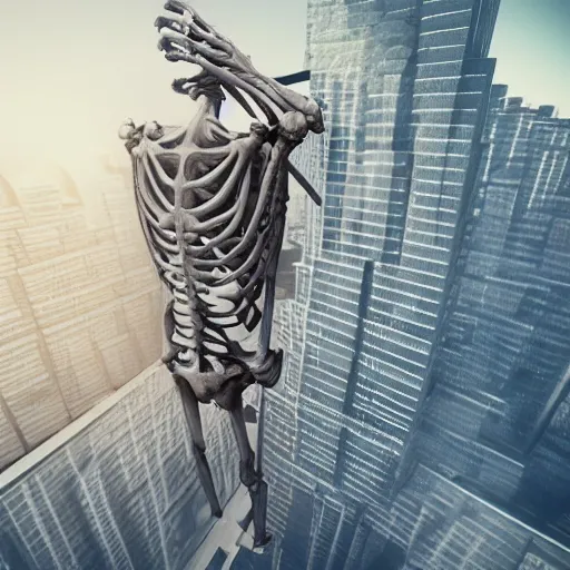 giant human skeleton climbing side of a ( ( skyscraper | Stable ...