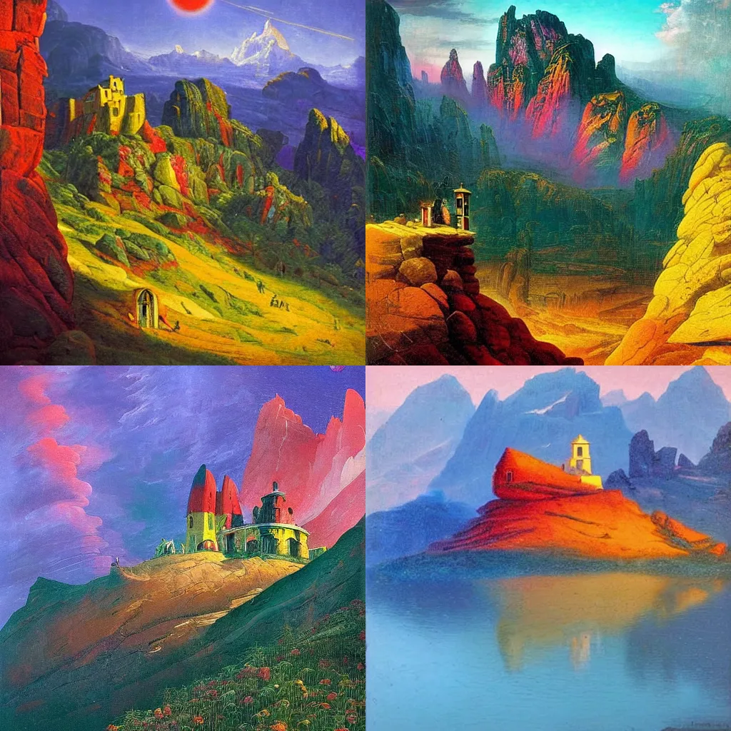 a colorful building in a beautiful mountain landscape, | Stable ...