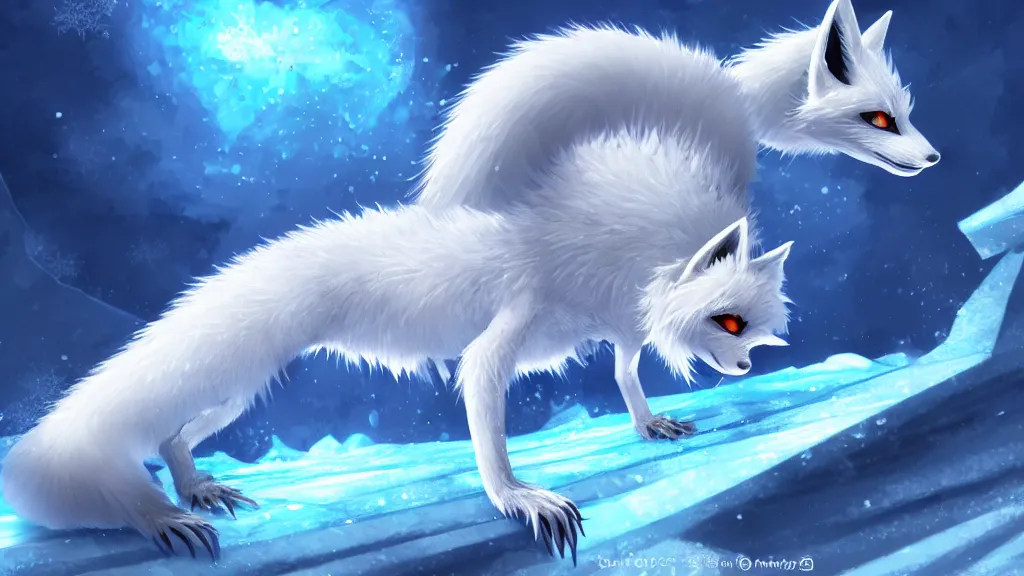 white - haired anime fox lizard frozen in an ice floe, | Stable Diffusion