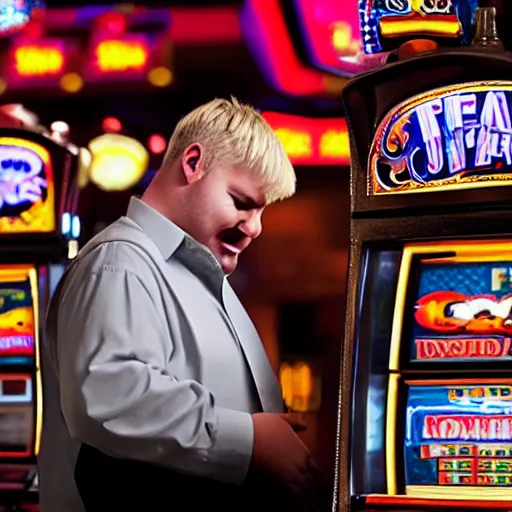 fat blonde man crying while losing money on a slot | Stable Diffusion