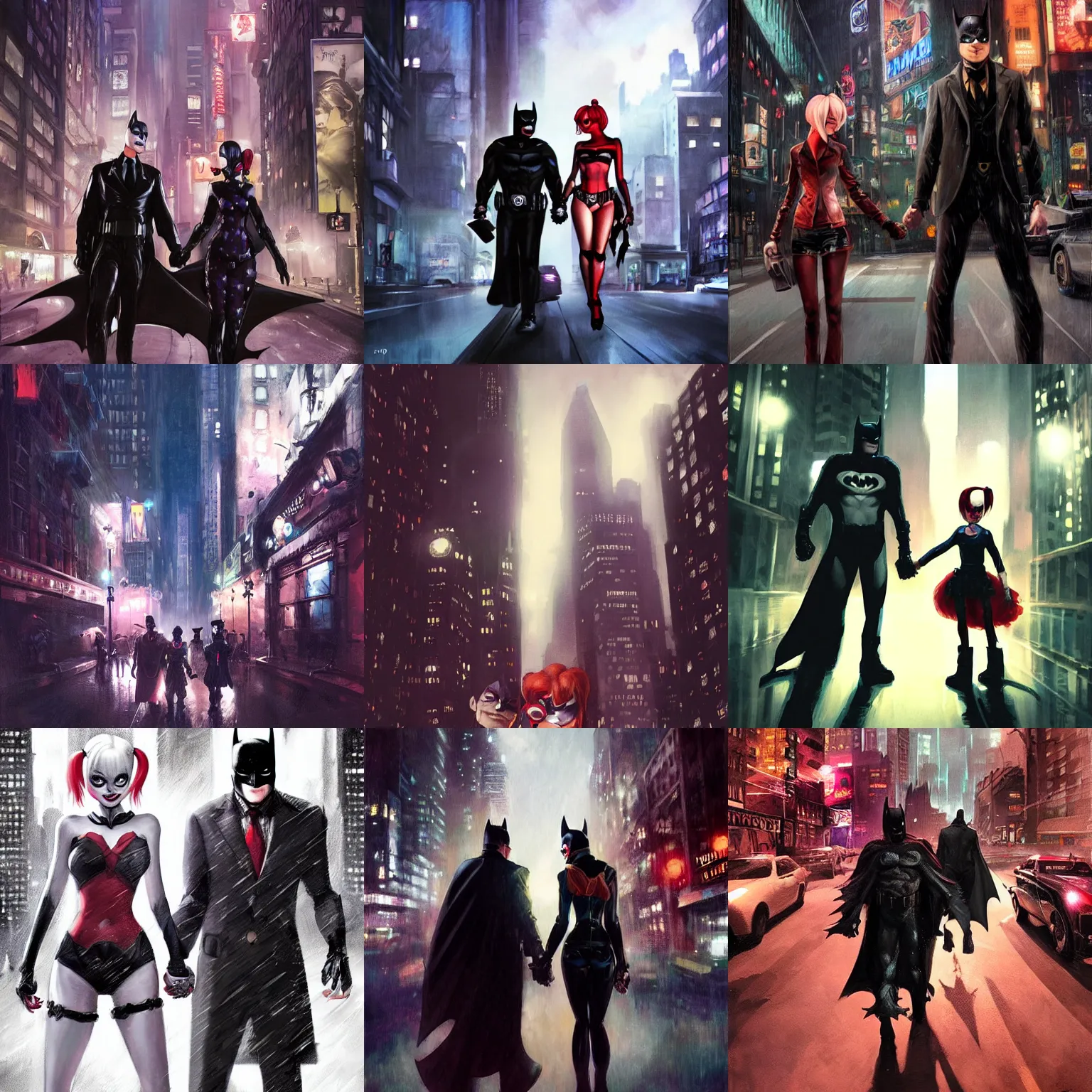 gotham city street at night, harley quin and batman | Stable Diffusion ...