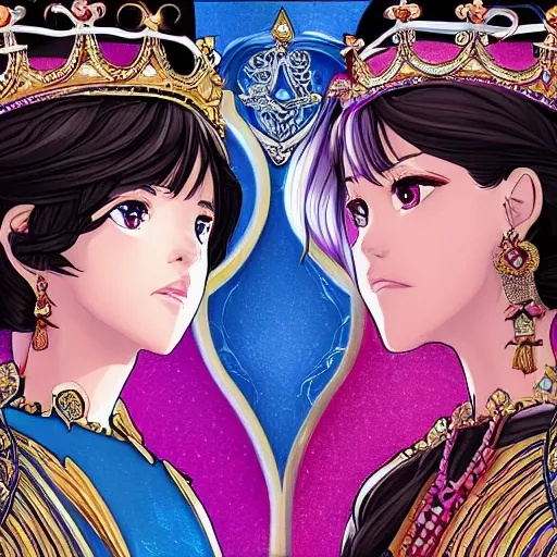 a close up of two beautiful queens facing each other | Stable Diffusion | OpenArt