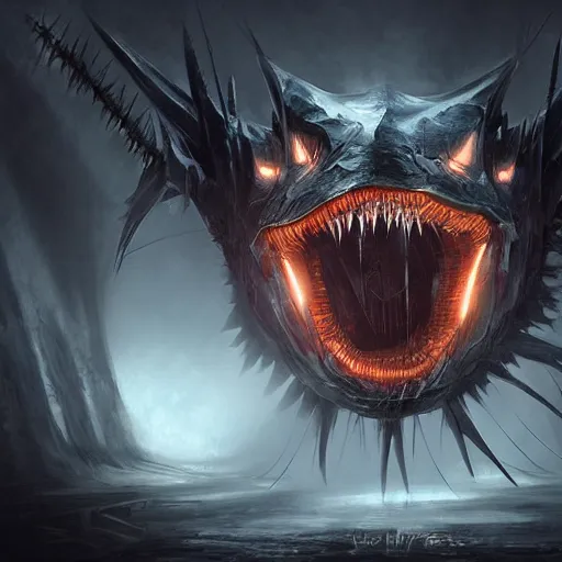 a spiky eldritch evil mechanical mouth in a dark | Stable Diffusion