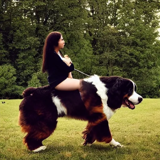 girl riding giant Bernese Mountain Dog in the park, | Stable Diffusion