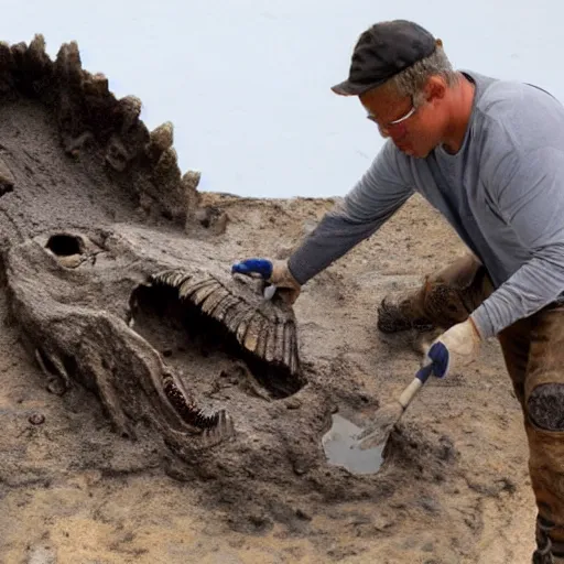 archeologists finding a huge Godzilla fossilized | Stable Diffusion