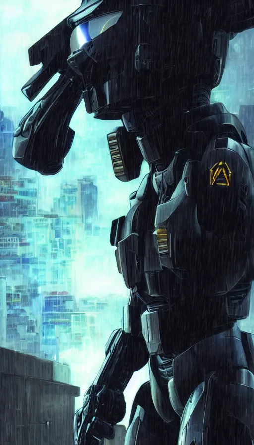 close shot of a hopeful odst looking at the rainy | Stable Diffusion