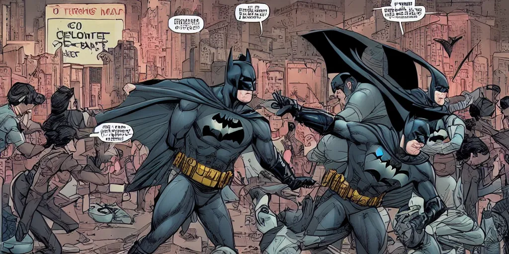 Batman teaching mall-cops ballet. Epic painting by | Stable Diffusion ...