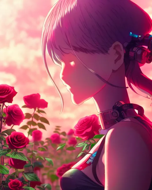 cyborg girl in cyberpunk rose garden, contemplation, | Stable Diffusion