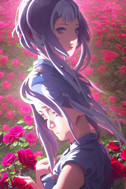 cyborg girl in cyberpunk rose garden, contemplation, | Stable Diffusion