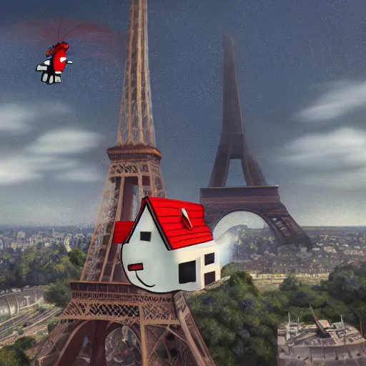 snoopy crashing his doghouse into the eiffel tower | Stable Diffusion ...