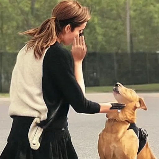 An instagram post of Emma watson high fiving a dog | Stable Diffusion