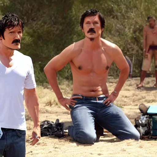 Shirtless Pedro Pascal standing on a movie set with a | Stable Diffusion