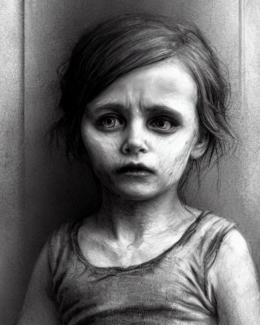 creepy child, hopelessness, staring out, black and | Stable Diffusion