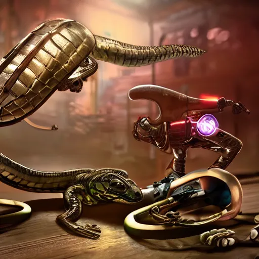 cyberpunk snake fights steampunk turtle on rainy day | Stable Diffusion