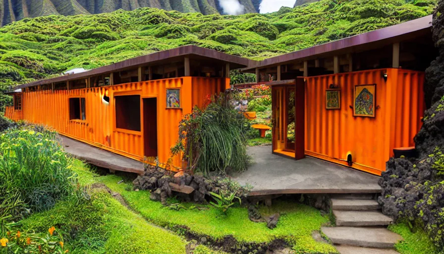 hobbit monastery on hawaii, shipping container | Stable Diffusion