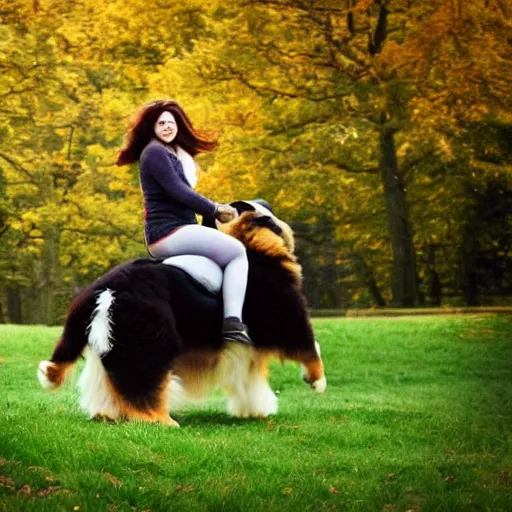 girl riding giant Bernese Mountain Dog in the park, | Stable Diffusion