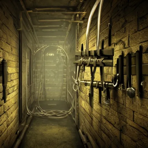 scary dungeon with torture devices and restraints, | Stable Diffusion