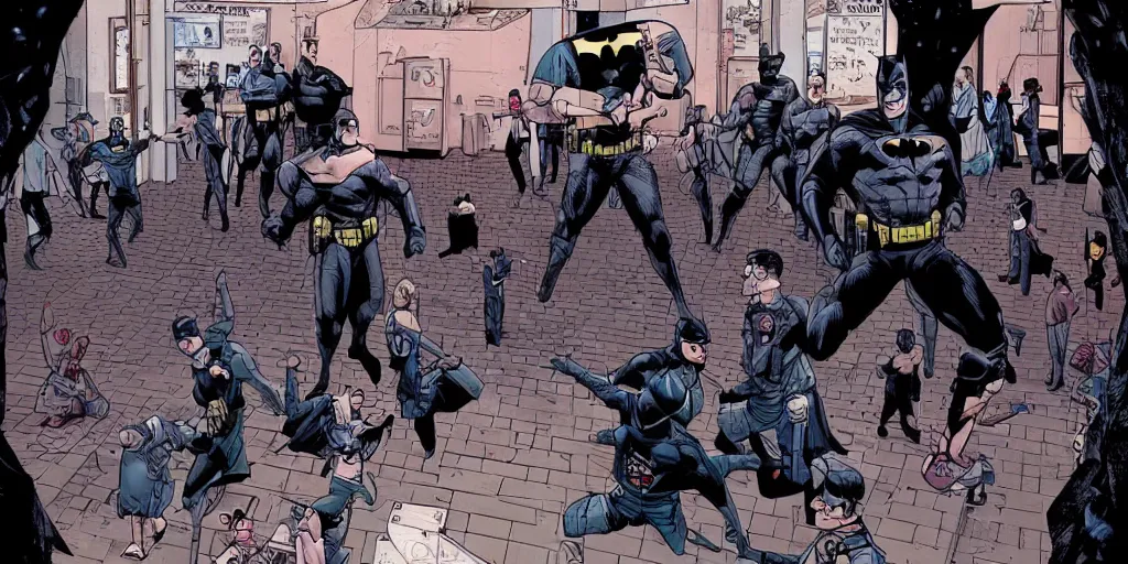 Batman teaching mall-cops ballet. Epic painting by | Stable Diffusion ...