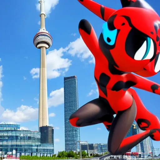 miraculous ladybug posing in front of the cn tower | Stable Diffusion