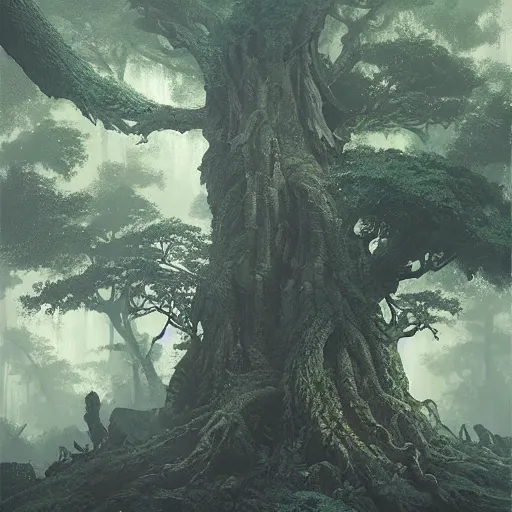 large tree in dense dark forest, seen from below, many | Stable Diffusion | OpenArt