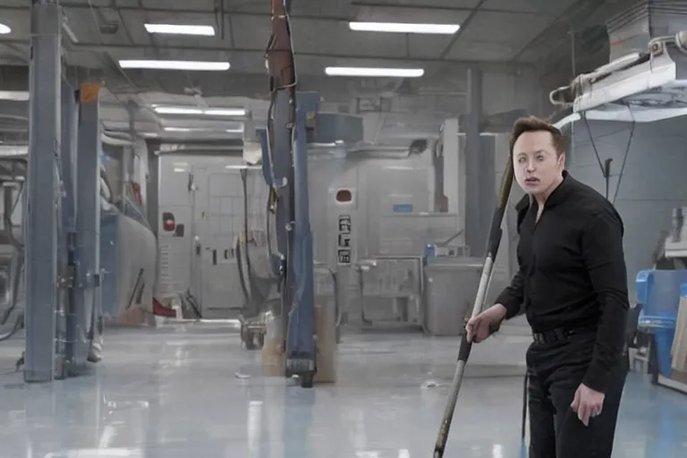 a Film still of Elon musk working as a janitor in the | Stable ...
