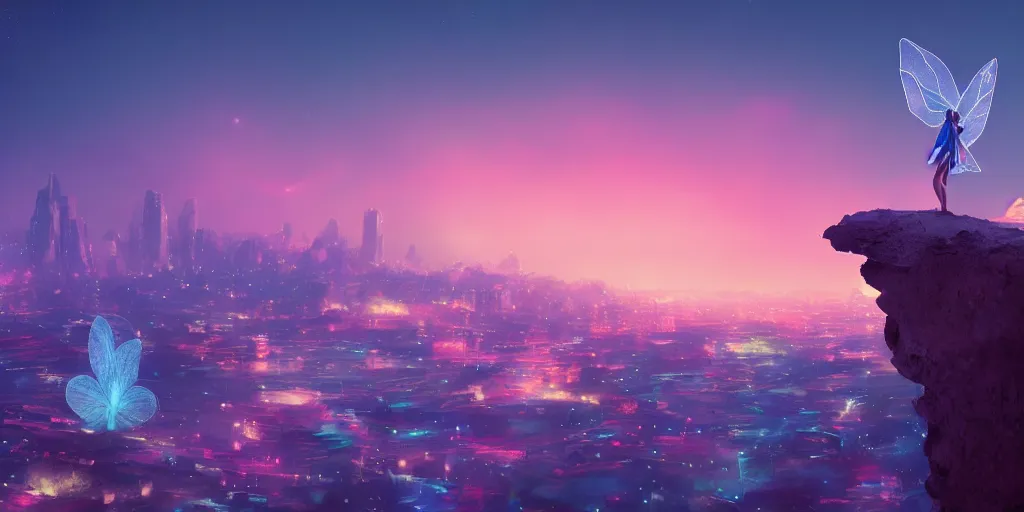 small blue fairy on a cliff looking to a synthwave | Stable Diffusion ...