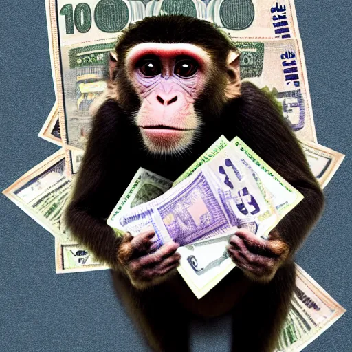 Photograph of a monkey holding money bills, 4k, highly | Stable Diffusion