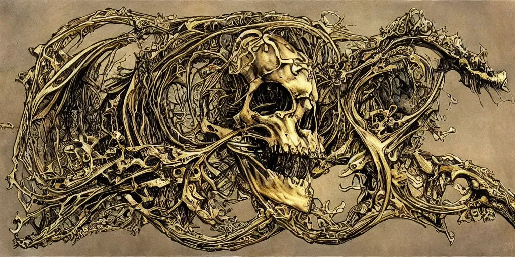 a beautiful painting of skeleton fantasy gold world by | Stable ...