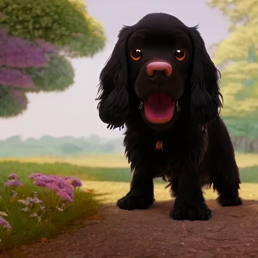 a wholesome animation key shot of a black cocker | Stable Diffusion