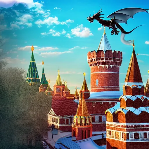 dragon in russian hat flying above kremlin | Stable Diffusion | OpenArt