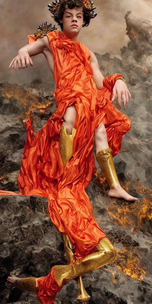 young porcelain Harry Styles wearing a firey red and | Stable Diffusion ...