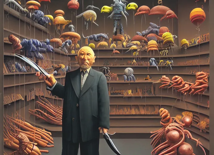 A grumpy man with a knife in his hand stands in a toy | Stable ...