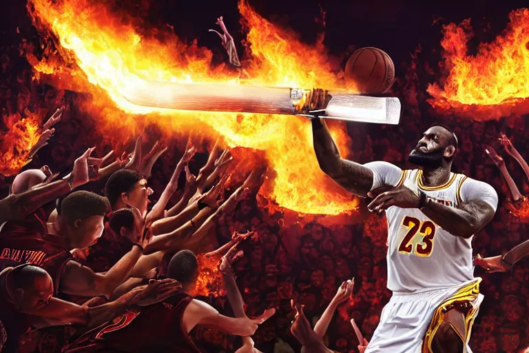 a photo of lebron james wielding a flaming sword | Stable Diffusion ...