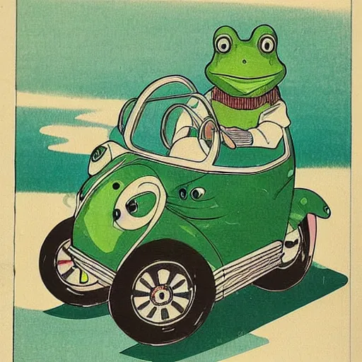 a japanese print of a woman driving a frog car, green | Stable Diffusion