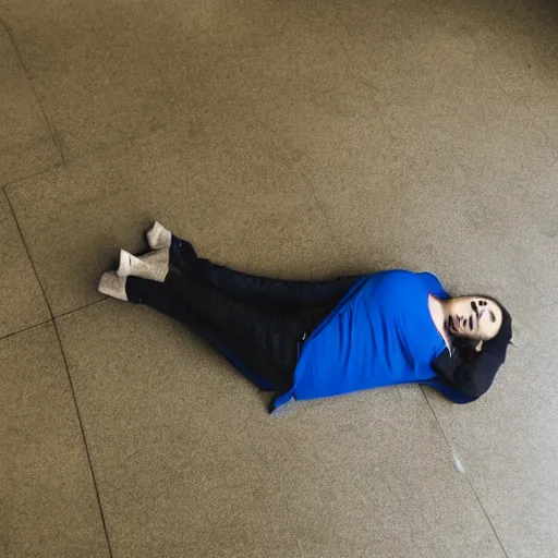 deflated human, flattened human on the floor, hollow, | Stable Diffusion