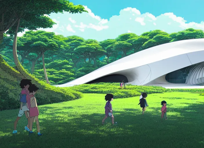 a zaha hadid building with kids in front in a studio | Stable Diffusion ...