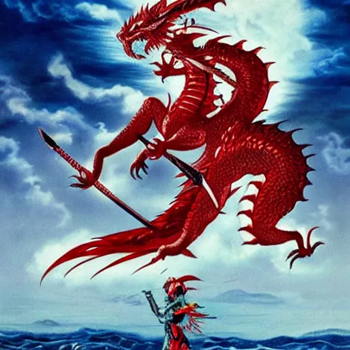 great red bloody dragon goes against samurai and a | Stable Diffusion ...