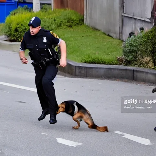 a dog wearing a policeman uniform, chasing a robber | Stable Diffusion