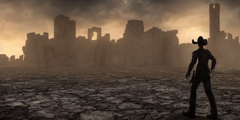 lone techno cowboy walking through desolate ruins of | Stable Diffusion | OpenArt