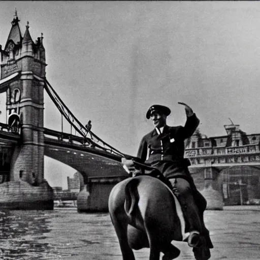 hitler riding a horse over the tower bridge | Stable Diffusion | OpenArt