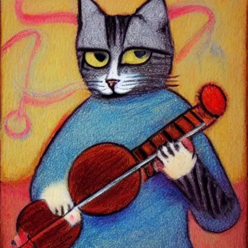 bearded cat playing sitar , crayon | Stable Diffusion