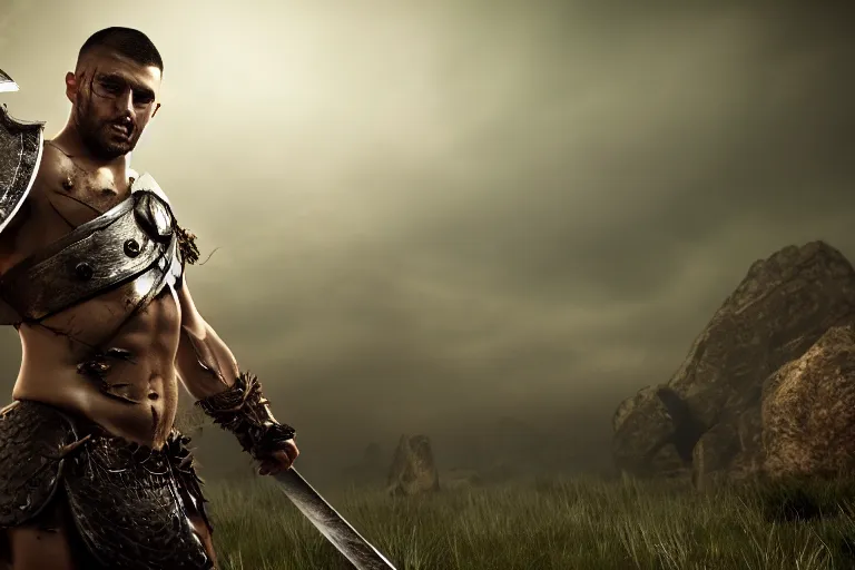 wounded muscular man with sword and shield, fantasy, | Stable Diffusion ...