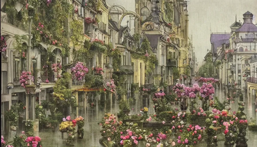 city full of flowers, plant and trees, during heavy | Stable Diffusion ...